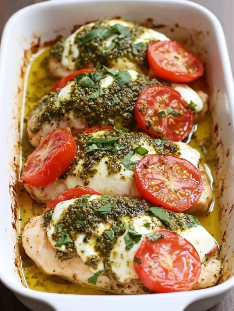 ONE-PAN Basil Pesto Tomato Mozzarella Chicken Bake - Lady Recipes